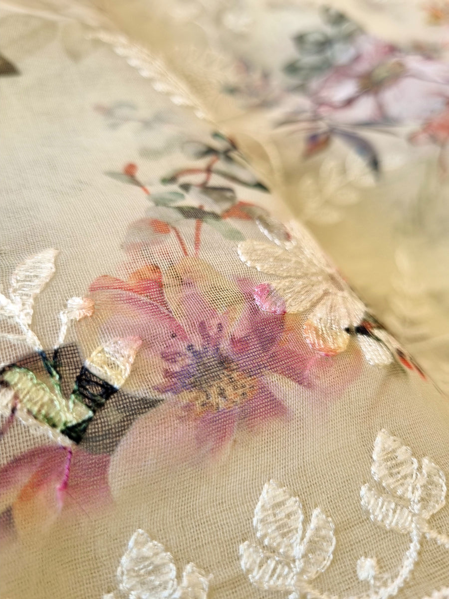 Embroidered Organza Saree with Digital Floral Prints – VALAMPURI