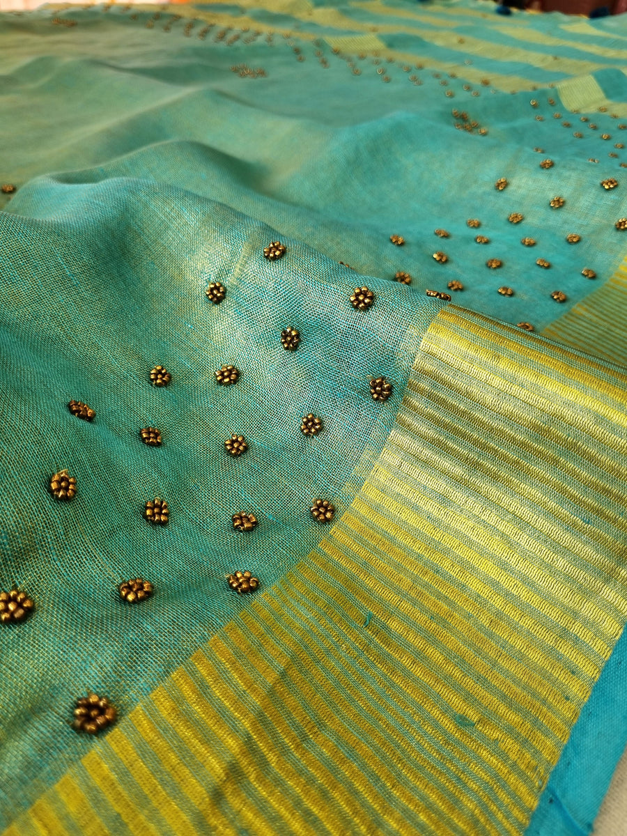 Tissue Linen Saree with Moti Stonework – VALAMPURI