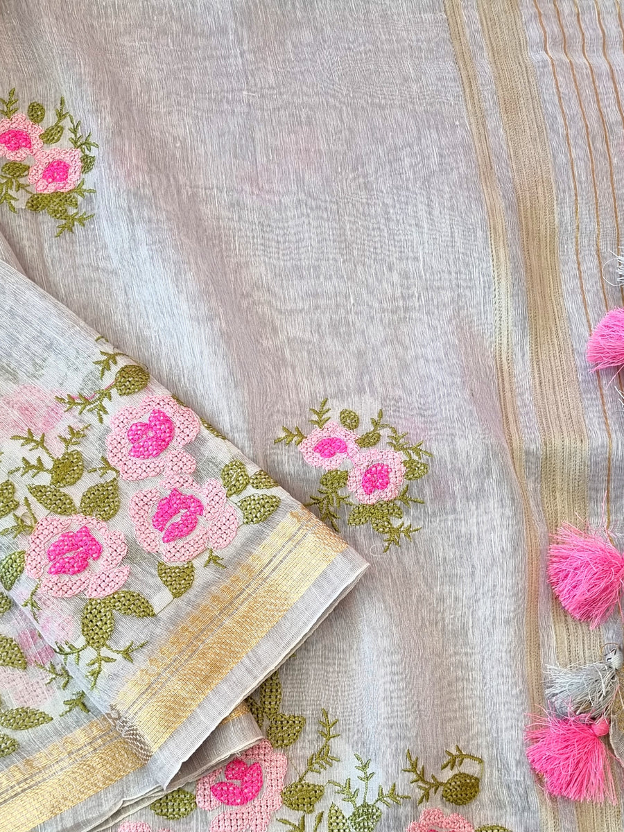 Silk Linen Saree with Embroidered Floral Motifs – VALAMPURI