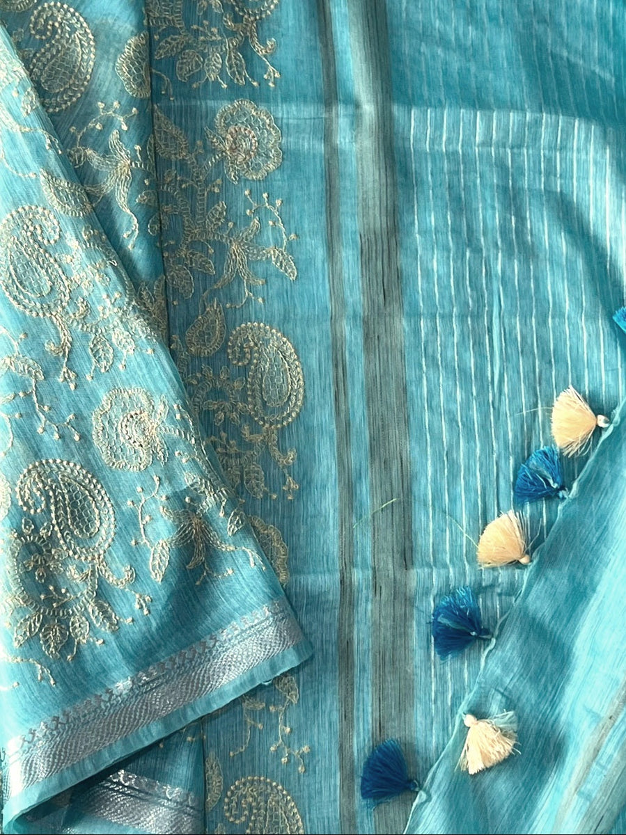 Silk Linen Saree with Embroidered Floral Motifs – VALAMPURI