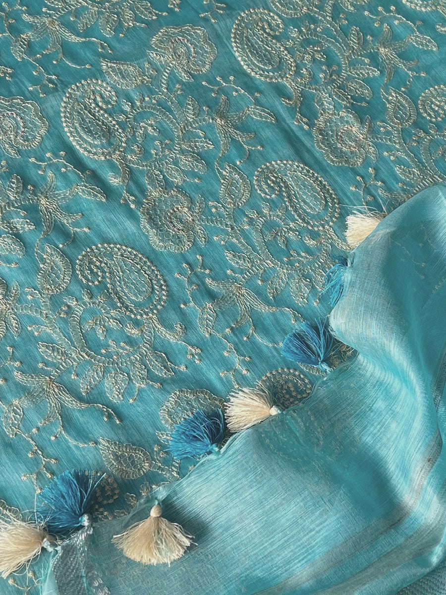 Silk Linen Saree with Embroidered Floral Motifs – VALAMPURI