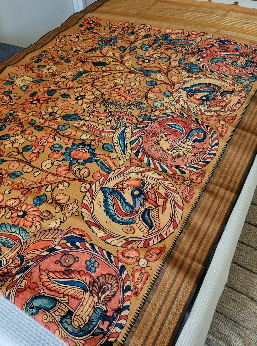 Semi Tussar Silk Saree with Kalamkari Prints – VALAMPURI